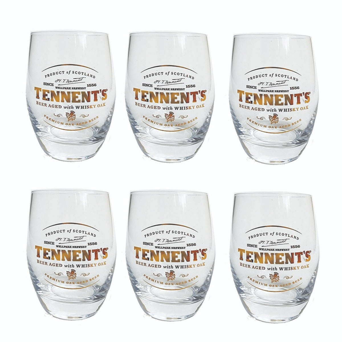 Tennent's Whisky Oak Beer 6 x Beer Glasses 300ml Gold Leaf Man Cave Sc ...