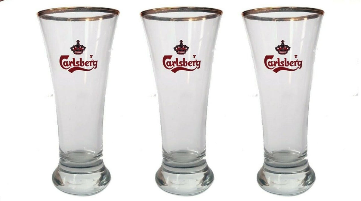 CARLSBERG 3 x Vintage Gold Rimmed Skol Middy Beer Glasses RED 285ml Ma ...